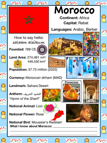 MOROCCO History & Geography, Travel The World Worksheet | Teaching ...