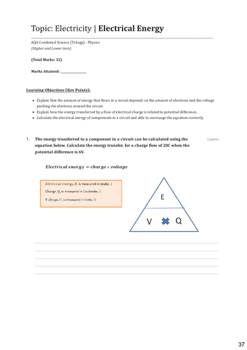 AQA GCSE Physics Topic: Electricity Self-Assessment Revision Questions ...