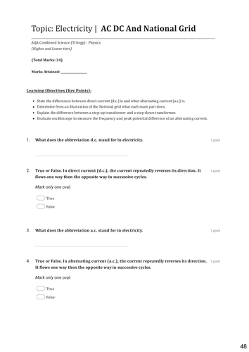 AQA GCSE Physics Topic: Electricity Self-Assessment Revision Questions [For 2023 Exam onwards ...