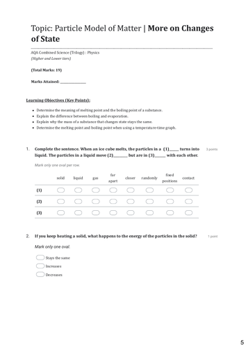 AQA GCSE Physics Topic: Particle Model Self-Assessment Revision ...