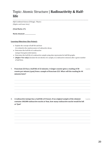 AQA GCSE Physics Topic: Atomic Structure Self-Assessment Revision ...