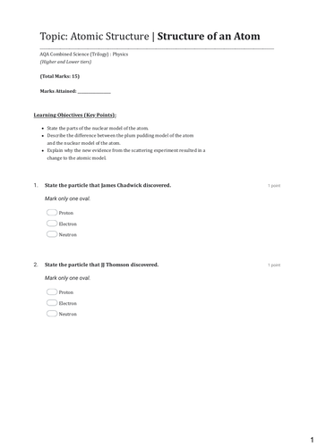AQA GCSE Physics Topic: Atomic Structure Self-Assessment Revision ...
