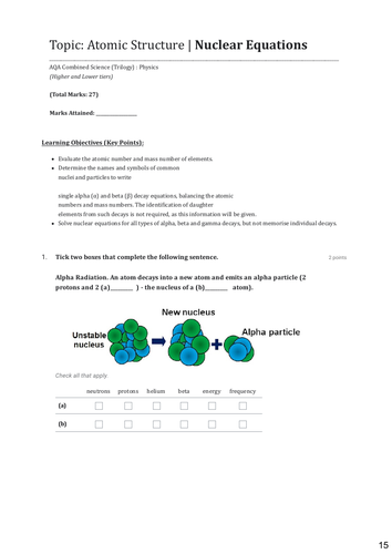 AQA GCSE Physics Topic: Atomic Structure Self-Assessment Revision Questions [For 2023 Exam ...