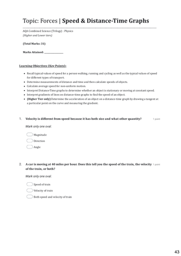 AQA GCSE Physics Topic: Forces Self-Assessment Revision Questions [For ...