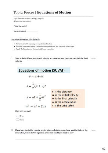 AQA GCSE Physics Topic: Forces Self-Assessment Revision Questions [For ...