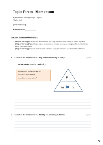 AQA GCSE Physics Topic: Forces Self-Assessment Revision Questions [For 2023 Exam onwards ...
