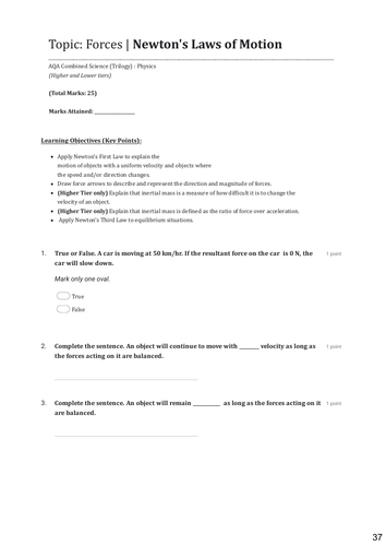 AQA GCSE Physics Topic: Forces Self-Assessment Revision Questions [For ...