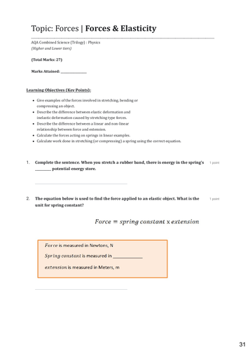 AQA GCSE Physics Topic: Forces Self-Assessment Revision Questions [For ...