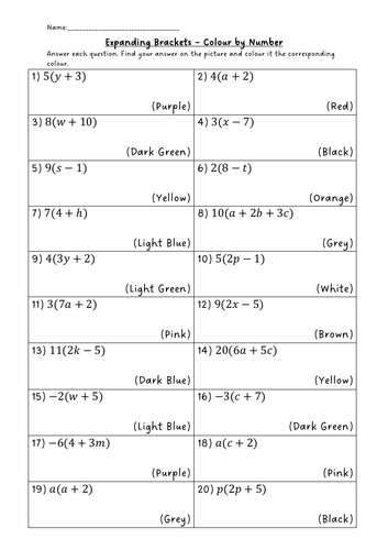 Expanding Single Brackets Colour by number worksheet | Teaching Resources
