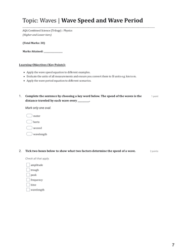 AQA GCSE Physics Topic: Waves Self-Assessment Revision Questions [For ...