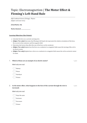 AQA GCSE Physics Topic: Electromagnetism Self-Assessment Revision ...