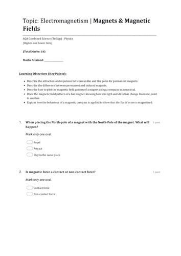 AQA GCSE Physics Topic: Electromagnetism Self-Assessment Revision ...