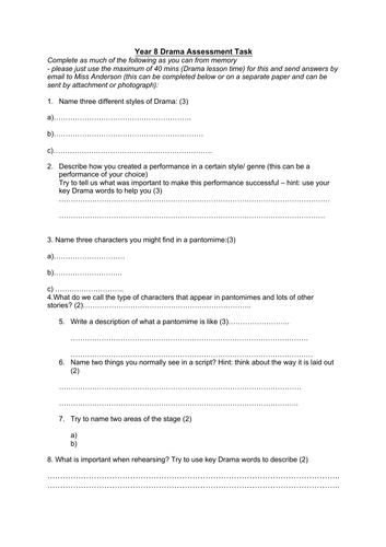 KS3 Drama Assessment Sheet. (Questionnaire) | Teaching Resources