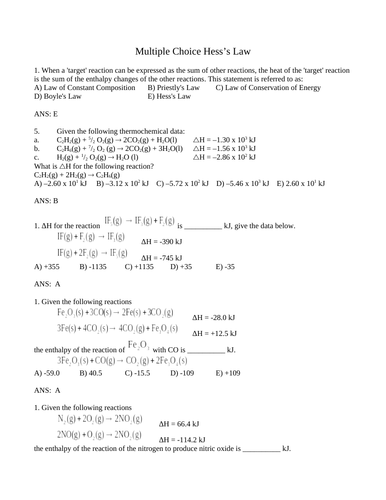 HESS'S LAW Power Point Hess Law Multiple Choice and Hess's Law Short ...