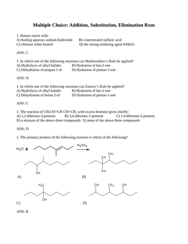 ORGANIC CHEMISTRY REACTIONS Power Points and Multiple Choice WITH ...