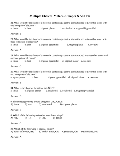ORBITAL AND BONDING UNIT Multiple Choice Grade 12 Chemistry WITH ...
