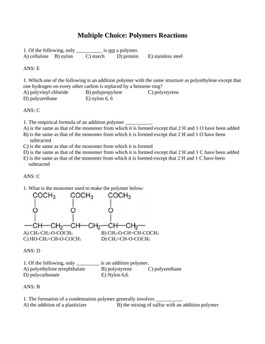 ORGANIC CHEMISTRY UNIT Multiple Choice Grade 12 Chemistry WITH ANSWERS ...