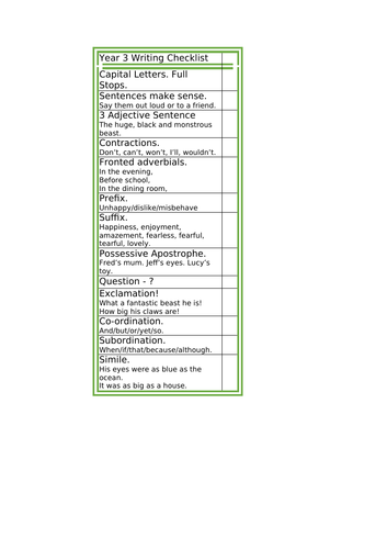 Year 3 Writing Checklist | Teaching Resources