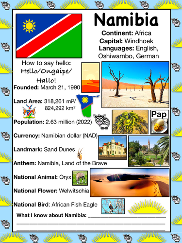 NAMIBIA History & Geography, Travel The World Worksheet | Teaching ...