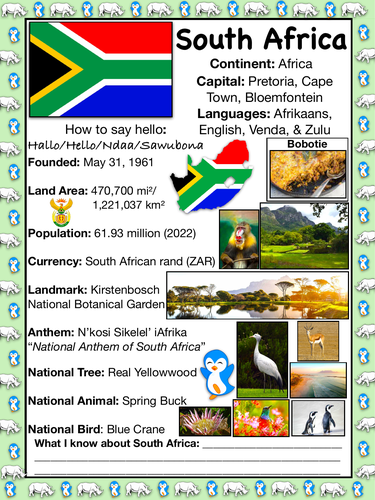 SOUTH AFRICA History & Geography, Travel The World Worksheet | Teaching ...