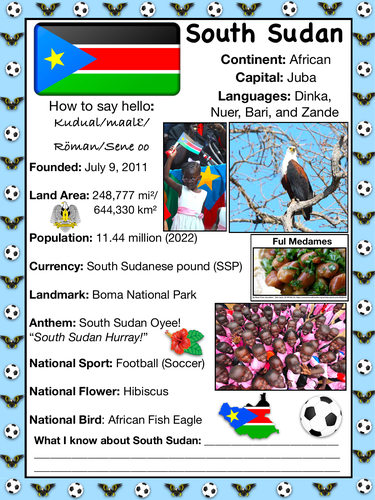 SOUTH SUDAN History & Geography, Travel The World Worksheet | Teaching ...