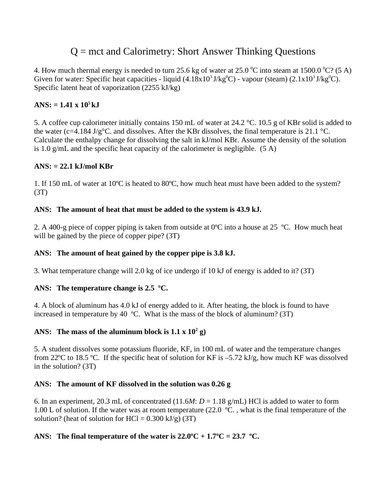 Q = mct and CALORIMETRY Power Point, Multiple Choice and Short Answer ...