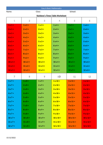 Rainbow's Times Table Worksheet | Teaching Resources