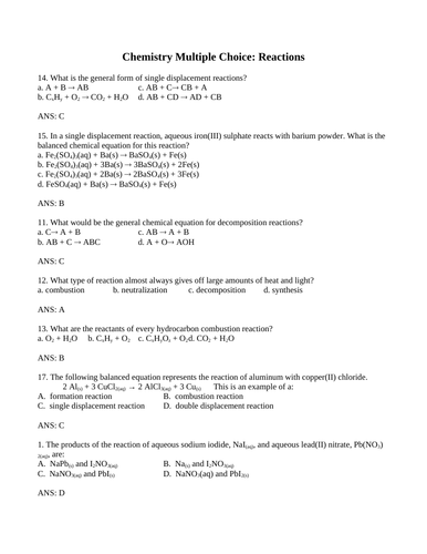 CHEMICAL REACTIONS Chemistry Multiple Choice Grade 10 Science WITH ...