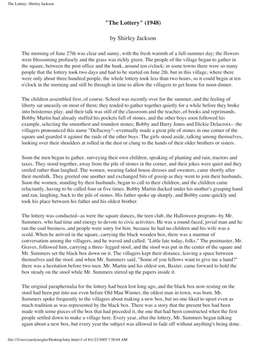 The Lottery Lesson Dystopia Reading and Watching Literacy Short Story ...