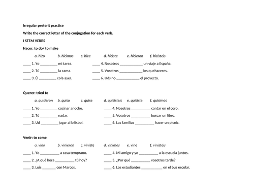 Irregular preterit verbs (I, U, J stem) practice | Teaching Resources