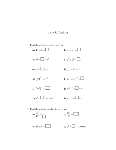 Laws Of Indices-Missing Terms worksheet (with solutions) | Teaching ...