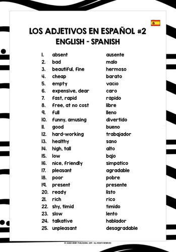 Adjectives List In Spanish