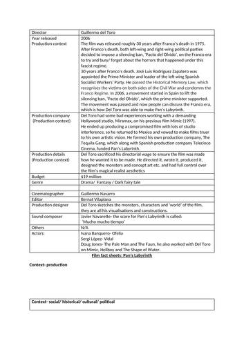 Pan's Labyrinth Fact sheet- A level Eduqas Film Studies | Teaching ...