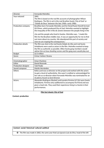 City of God Fact Sheet- Eduqas A level Film Studies | Teaching Resources
