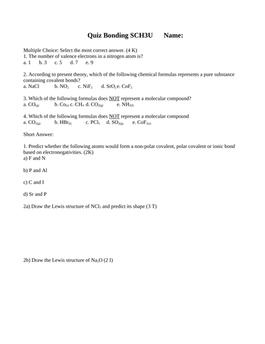 4 Bonding Quizzes (Ionic, Covalent, Metallic Bonding) Grade 11 ...