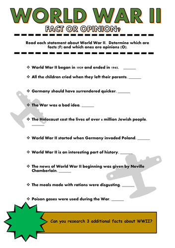 World War II - Fact or Opinion Worksheet | Teaching Resources