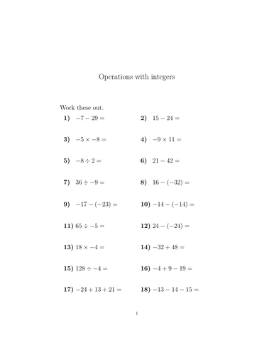 Operations with integers (harder exercises) worksheet (with answers ...