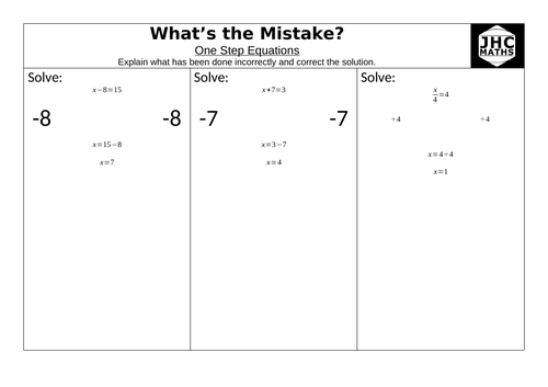 Solving One Step Equations Scaffolded Grid and Mistakes | Teaching ... Solving One Step Equations Scaffolded Grid and Mistakes | Teaching ...