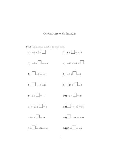 Operations with Integers Missing Numbers Worksheet (with answers ...