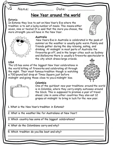 New year celebrations around the world - Reading Comprehension ...