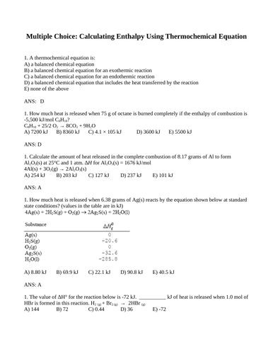 (115PGS) ENTHALPY UNIT Short Answer and Multiple Choice Grade 12 ...