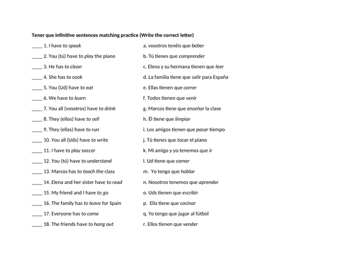 Tener que infinitive translations matching practice | Teaching Resources