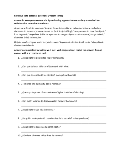 Reflexive verbs personal questions | Teaching Resources