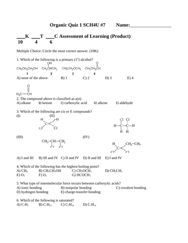 3 ORGANIC CHEMISTRY ASSESSMENTS Grade 12 Chemistry TEST WITH ANSWERS ...