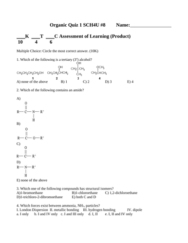 3 ORGANIC CHEMISTRY EVALUATIONS Grade 12 Chemistry Quizzes WITH ANSWERS ...