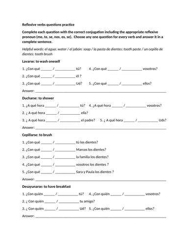 Reflexive verbs questions practice | Teaching Resources
