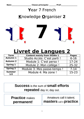 Year 7 French Knowledge Organiser of Parallel Texts Part 2. | Teaching ...