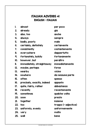 ITALIAN ADVERBS LIST FREEBIE #1 | Teaching Resources ITALIAN ADVERBS LIST FREEBIE #1 | Teaching Resources