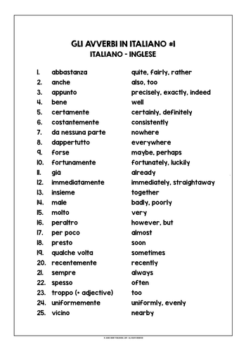 ITALIAN ADVERBS LIST FREEBIE #1 | Teaching Resources ITALIAN ADVERBS LIST FREEBIE #1 | Teaching Resources