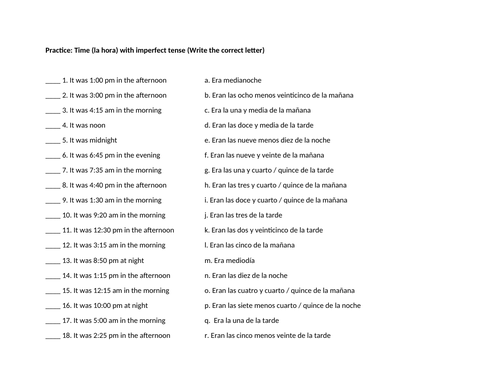 Practice time (la hora) with imperfect tense Spanish | Teaching Resources